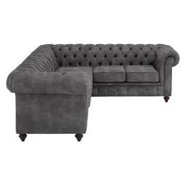 Chesterfield-Sofa Home Affaire "Chesterfield Ecksofa, auch in Leder L-Form" Sofas Gr. B/H/T: 250cm x 74cm x 210cm, Luxus-Microfaser Lederoptik, langer Schenkel links, grau (anthrazit) hochwertige Knopfheftung, langer Schenkel links oder rechts wählbar