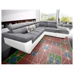 Ecksofa COTTA "Speedway L-Form" Sofas Gr. B/H/T: 262cm x 79cm x 102cm, Kunstleder SOFTLUX-Struktur, Ottomane rechts, mit Bettfunktion-mit Bettkasten-mit Kopfteilverstellung, grau (weiß, grau) mit Kopfteilverstellung, wahlweise Bettfunktion und Bettkasten