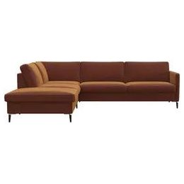 Ecksofa FLEXLUX "Fiore, L-Form" Sofas Gr. B/H/T: 266cm x 85cm x 225cm, Velvet, Ottomane links, braun (cognac) schmale Armlehnen, Kaltschaum, Füße Alu+schwarz