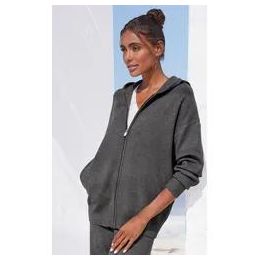 Strickjacke ELBSAND "- Loungejacke" Gr. 40/42, grau (anthrazit) Damen Strickjacken aus hochwertigen Strick und eingestricktem Logo, Loungewear