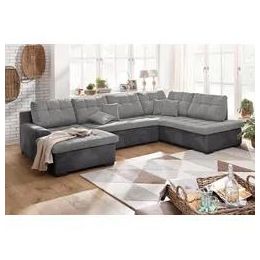 Wohnlandschaft Home Affaire "Föhr U-Form" Sofas Gr. B/H/T: 310 cm x 75 cm x 200 cm, Microfaser MELROSE-Struktur grob, Recamiere links, mit Bettfunktion, grau (schwarz, hellgrau) wahlweise mit Bettfunktion