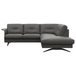 Ecksofa FLEXLUX "Glow, super bequem durch hochwertigem Sitzaufbau mit Federkern, L-Form" Sofas Gr. B/H/T: 236cm x 81cm x 224cm, Echtleder, Ottomane rechts, Armlehnen in Walnuss, grau (warm mineral grau) Modernes skandinavisches Design