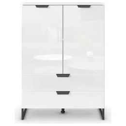 Hochkommode Rauch "Modern by Aditio" Sideboards Gr. B/H/T: 93cm x 130cm x 44cm, 2 St., weiß (alpinweiß/glas weiß) mit Glasfront und Kufenfuß, 2 Schubladen Softclose-Funktion