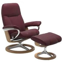 Relaxsessel stressless "Consul" Sessel Gr. Leder BATICK, Signature Base Eiche, BalanceAdaptTM-PlusTMSystem-Gleitsystem-Relaxfunktion-Drehfunktion-Kopfstützenverstellung-Rückteilverstellung, B/H/T: 82cm x 102cm x 72cm, rot (bordeaux batick) mit Hocker, Signature Base, Größe M, Gestell Eiche