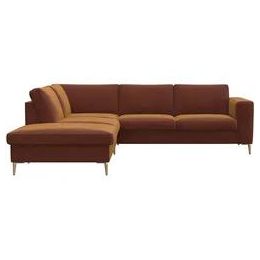 Ecksofa FLEXLUX "Fiore, L-Form" Sofas Gr. B/H/T: 241cm x 85cm x 225cm, Velvet, Ottomane links, braun (cognac) breite Armlehnen, Füße AluEiche, BT 241225 cm, Kaltschaum im Sitz