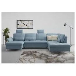 Wohnlandschaft Inosign "Palm Beach U-Form" Sofas Gr. B/H/T: 347 cm x 89 cm x 224 cm, Olympia EASY CLEAN, mega-Recamiere links, mit Sitztiefenverstellung-mit Bettfunktiom-mit Stauraum-mit Armteilverstellung, blau (hellblau) Federkern, mit Sitztiefenverstellung, wahlweise Bettfunktion