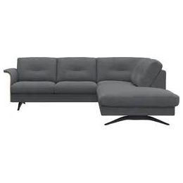 Ecksofa FLEXLUX "Glow, super bequem durch hochwertigem Sitzaufbau mit Federkern, L-Form" Sofas Gr. B/H/T: 236cm x 81cm x 224cm, Lederoptik, Ottomane rechts, Armlehnen in Walnuss, grau (elephant grau) Modernes skandinavisches Design