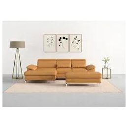 Sit & More Ecksofa SIT & MORE "Cabrio L-Form" Sofas Gr. B/H/T: 295cm x 87cm x 180cm, NaturLEDER, Recamiere links, mit Bettfunktion-mit Bettkasten-mit Sitztiefenverstellung-mit Kopfteilverstellung-mit Armteilfunktion-mit 2 Nierenkissen-Bett mit Leder bezogen, gelb (curry) mit Sitztiefen- und Armteilverstellung sowie Federkern, 2 Nierenkissen