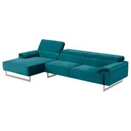 Ecksofa Egoitaliano "Malika, L-Form" Sofas Gr. B/H/T: 287cm x 94cm x 165cm, Luxus-Microfaser BLUSH, Recamiere links, mit Kopfteilverstellung, blau (teal) mit Recamiere, inkl. Kopfteilverstellung und chromfarbenen Metallfüßen