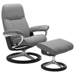 Relaxsessel stressless "Consul" Sessel Gr. Leder BATICK, Signature Base Schwarz, BalanceAdaptTM-PlusTMSystem-Gleitsystem-Relaxfunktion-Drehfunktion-Kopfstützenverstellung-Rückteilverstellung, B/H/T: 91cm x 102cm x 79cm, grau (wild dove batick) mit Hocker, Signature Base, Größe L, Gestell Schwarz