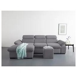 Ecksofa COTTA "Lola L-Form" Sofas Gr. B/H/T: 250cm x 73cm x 165cm, Chenille-Struktur, Recamiere links, Ohne Bettfunktion-Ohne Bettkasten-Mit Armteilverstellung, grau (stone) mit Hocker & Kopfteilfunktion, wahlw. Bett- und Armteilfunktion