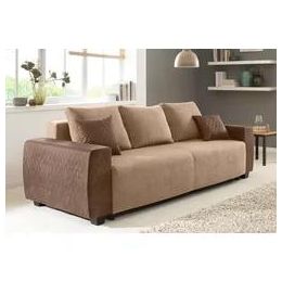 Schlafsofa Home Affaire "Bella" Sofas Gr. B/H/T: 241cm x 90cm x 94cm, Microfaser PRIMABELLE-Luxus-Microfaser, mit Bettfunktion-mit Bettkasten, braun (hellbraun) mit geprägtem Bezug bei Armlehnen