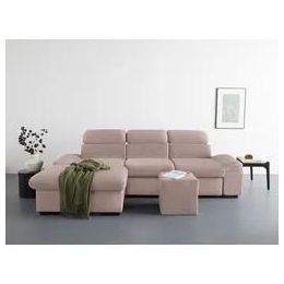 Ecksofa COTTA "Lola L-Form" Sofas Gr. B/H/T: 250cm x 73cm x 165cm, Microfaser PRIMABELLE, Recamiere links, Mit Bettfunktion-Mit Bettkasten-Ohne Armteilverstellung, braun (mud) mit Hocker & Kopfteilfunktion, wahlw. Bett- und Armteilfunktion