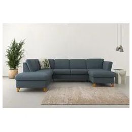 Wohnlandschaft Home Affaire "Trelleborg U-Form" Sofas Gr. B/H/T: 307cm x 86cm x 213cm, Struktur, Ottomane links, ohne Bettfunktion-ohne Stauraum, blau (blaugrau) Federkern-Polsterung, wahlweise mit Bettfunktion und Stauraum