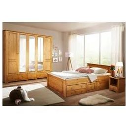 Kleiderschrank Home Affaire "Hugo", beige (gelaugt, geölt), B:245cm H:190cm T:58cm, Schränke, Drehtürenschrank Garderobenschrank Kleiderschrank, aus massiver Kiefer im Landhausstil, mit Spiegel