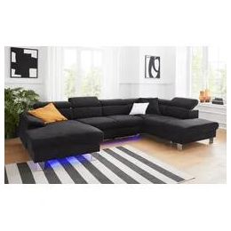 Wohnlandschaft COTTA "Komaris U-Form" Sofas Gr. B: 320cm, Feinstruktur, Ottomane rechts, mit Bettfunktion-mit Bettkasten-mit RGB-LED-Beleuchtung-mit Kopfteilverstellung, schwarz inklusive Kopfteilverstellung, wahlweise mit Bettfunktion und RGB-LED