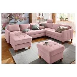 Wohnlandschaft Home Affaire "Earl U-Form" Sofas Gr. B/H/T: 292 cm x 80 cm x 204 cm, Struktur fein, Recamiere links, mit Bettfunktion-mit Bettkasten, rosa (flamingo) wahlweise auch mit Bettfunktion oder Bettkasten