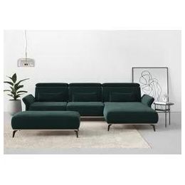 Ecksofa Places of Style "Fjord L-Form" Sofas Gr. B/H/T: 324 cm x 93 cm x 184 cm, Flachgewebe, mega-Recamiere rechts, mit Armlehnfunktion-mit Kopfteilverstellung-ohne Sitztiefenverstellung-ohne Rückenneigung-ohne Federkern, grün (dunkelgrün) massiv, wahlweise mit Armlehnfunktion, Kopf- Sitztiefenverstellung