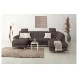 Wohnlandschaft Home Affaire "Westerland U-Form" Sofas Gr. B/H/T: 303cm x 90cm x 213cm, Luxus-Microfaser ALTARA NUBUCK, Ottomane rechts, mit Bettfunktion, Stauraum und Armlehnfunktion, braun (dunkelbraun) Federkern, wahlweise Bettfunktion, Stauraum und Armlehn-Verstellung