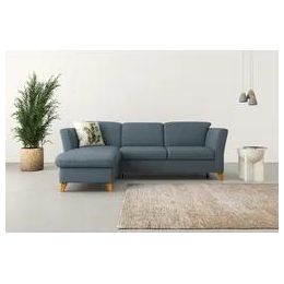 Ecksofa Home Affaire "Trelleborg L-Form" Sofas Gr. B/H/T: 249cm x 86cm x 162cm, Struktur, Recamiere links, mit Bettfunktion-mit Bettkasten, blau (blaugrau) Federkern-Polsterung, wahlweise mit Bettfunktion und Bettkasten