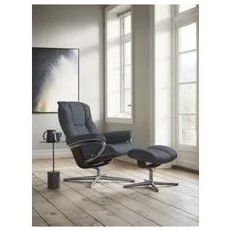 Relaxsessel stressless "Mayfair", blau (atlantic blau batick), B:92cm H:103cm T:79cm, Leder BATICK: BATICK ist ein leicht korrigiertes, durchgefärbtes und genarbtes Möbelleder, bei dem die meisten Unebenheiten und Spuren in der Regel entfernt wurden., Sessel, mit Cross Base, Größe S, M & L, Holzakzent Braun