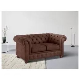 Chesterfield-Sofa Home Affaire "Chesterfield 2-Sitzer B/T/H: 150/89/74 cm" Sofas Gr. B/H/T: 150cm x 74cm x 89cm, Luxus-Microfaser weich, braun mit hochwertiger Knopfheftung, auch in Leder