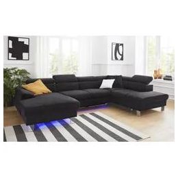 Wohnlandschaft COTTA "Komaris U-Form" Sofas Gr. B: 320 cm, Feinstruktur, Ottomane rechts, mit Bettfunktion-mit Bettkasten-ohne RGB-LED-Beleuchtung-mit Kopfteilverstellung, schwarz (black) inklusive Kopfteilverstellung, wahlweise mit Bettfunktion und RGB-LED