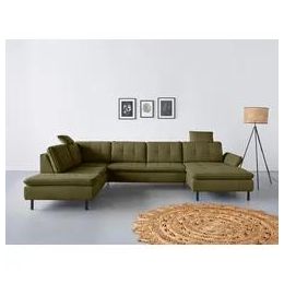 Wohnlandschaft Inosign "Birkholm U-Form" Sofas Gr. B/H/T: 347 cm x 83 cm x 226 cm, Olympia EASY CLEAN, Ottomane links, mit Armlehnfunktion, grün (olive) Armlehnverstellung, auch in Easy Clean Bezug - mit Wasser zu reinigen