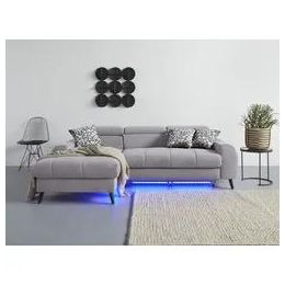 Ecksofa COTTA "Mia L-Form" Sofas Gr. B/H/T: 236cm x 74cm x 164cm, Microfaser, Recamiere links, Mit Bettfunktion-mit Bettkasten-mit RGB-LED-Beleuchtung-ohne Wireless Charger, grau (stone) 3-tlg.-Kissen-Set, Recamiere, wahlweise mit oder ohne RGB-Beleuchtung