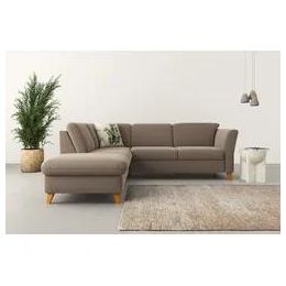 Ecksofa Home Affaire "Trelleborg L-Form" Sofas Gr. B/H/T: 252cm x 86cm x 213cm, Struktur fein, Ottomane links, ohne Bettfunktion-ohne Stauraum, beige (dunkelbeige) Federkern-Polsterung, wahlweise mit Bettfunktion und Stauraum