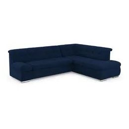 Ecksofa DOMO collection "Mona L-Form" Sofas Gr. B/H/T: 271cm x 80cm x 213cm, Samtoptik, Ottomane rechts, ohne Funktion, blau (marine) wahlweise mit Bett- und Armlehnfunktion