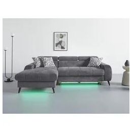 Ecksofa COTTA "Mia L-Form" Sofas Gr. B/H/T: 236cm x 74cm x 164cm, Chenille, Recamiere links, Mit Bettfunktion-mit Bettkasten-mit RGB-LED-Beleuchtung-ohne Wireless Charger, grau (stone) 3-tlg.-Kissen-Set, Recamiere, wahlweise mit oder ohne RGB-Beleuchtung