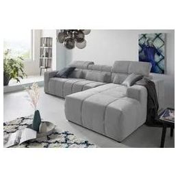 Ecksofa DOMO collection "Brandon große Ausführung B/T/H: 289/177/80 cm, auch in Leder und Cord" Sofas Gr. B/H/T: 289cm x 80cm x 175cm, Chenille-Optik, Recamiere rechts, mit Sitztiefenverstellung, mit Nierenkissen, grau (hellgrau) mit Kopfteilverstellung, wahlweise Sitztiefenverstellung, L-Form