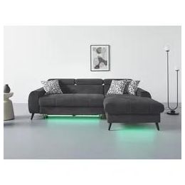 Ecksofa COTTA "Mia L-Form" Sofas Gr. B/H/T: 236cm x 74cm x 164cm, Chenille, Recamiere rechts, Mit Bettfunktion-mit Bettkasten-mit RGB-LED-Beleuchtung-mit Wireless Charger, grau (charcoal) 3-tlg.-Kissen-Set, Recamiere, wahlweise mit oder ohne RGB-Beleuchtung