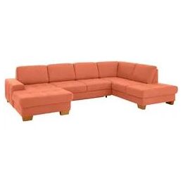 Wohnlandschaft Home Affaire "Puccini U-Form" Sofas Gr. B/H/T: 340cm x 86cm x 224cm, Luxus-Microfaser, Ottomane rechts, ohne Bettfunktion-ohne Stauraum, orange (terra) mit Federkern, Sitztiefenverstellung, Kontrastnaht