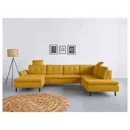 Wohnlandschaft Inosign "Birkholm U-Form" Sofas Gr. B/H/T: 347cm x 83cm x 226cm, Olympia EASY CLEAN, Ottomane rechts, mit Armlehnfunktion, gelb (mustard) Armlehnverstellung, auch in Easy Clean Bezug - mit Wasser zu reinigen