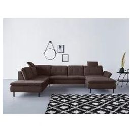 Wohnlandschaft Inosign "Birkholm U-Form" Sofas Gr. B/H/T: 347cm x 83cm x 226cm, Luxus-Microfaser ALTARA NUBUCK, Ottomane links, mit Armlehnfunktion, braun (dunkelbraun) Armlehnverstellung, auch in Easy Clean Bezug - mit Wasser zu reinigen