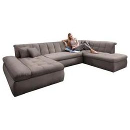 Wohnlandschaft DOMO collection "NMoric im XXL-Format, B/T/H: 353/216/80 cm, incl. Zierkissen U-Form" Sofas Gr. B/H/T: 353cm x 80cm x 216cm, Chenilleoptik, Ottomane rechts, ohne Funktion, grau (taupe) wahlweise mit Bettfunktion und Armlehnenverstellung