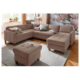 Wohnlandschaft Home Affaire "Earl U-Form" Sofas Gr. B/H/T: 292cm x 80cm x 204cm, Struktur fein, Recamiere rechts, mit Bettfunktion-mit Bettkasten, beige (dunkelbeige) wahlweise auch mit Bettfunktion oder Bettkasten