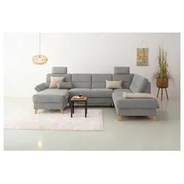 Wohnlandschaft Home Affaire "Westerland U-Form" Sofas Gr. B/H/T: 303 cm x 90 cm x 213 cm, Chenille-Optik, Ottomane rechts, mit Bettfunktion, Stauraum und Armlehnfunktion, grau (hellgrau) Federkern, wahlweise Bettfunktion, Stauraum und Armlehn-Verstellung