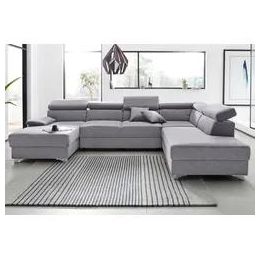 Wohnlandschaft DOMO collection "Mira U-Form" Sofas Gr. B/H/T: 337cm x 78cm x 230cm, Struktur fein, Recamiere links, mit Kopfteilverstellung-mit Bettfunktion, grau wahlweise mit Bettfunktion und Bettkasten