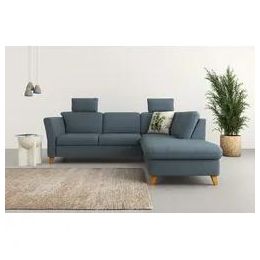 Ecksofa Home Affaire "Trelleborg L-Form" Sofas Gr. B/H/T: 252cm x 86cm x 213cm, Struktur, Ottomane rechts, ohne Bettfunktion-ohne Stauraum, blau (blaugrau) Federkern-Polsterung, wahlweise mit Bettfunktion und Stauraum