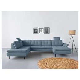 Wohnlandschaft Inosign "Birkholm U-Form" Sofas Gr. B/H/T: 347cm x 83cm x 226cm, Olympia EASY CLEAN, Ottomane links, mit Armlehnfunktion, blau (hellblau) Armlehnverstellung, auch in Easy Clean Bezug - mit Wasser zu reinigen