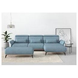 Ecksofa Places of Style "Fjord L-Form" Sofas Gr. B/H/T: 324 cm x 93 cm x 184 cm, Flachgewebe AMSTERDAM, mega-Recamiere rechts, mit Armlehnfunktion-mit Kopfteilverstellung-ohne Sitztiefenverstellung-ohne Rückenneigung-mit Federkern, blau (eisblau) massiv, wahlweise mit Armlehnfunktion, Kopf- Sitztiefenverstellung