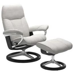 Relaxsessel stressless "Consul" Sessel Gr. Struktur fein JASMINE, Signature Base Schwarz, BalanceAdaptTM-PlusTMSystem-Gleitsystem-Relaxfunktion-Drehfunktion-Kopfstützenverstellung-Rückteilverstellung, B/H/T: 78cm x 97cm x 70cm, grau (light grey jasmine) mit Hocker, Signature Base, Größe S, Gestell Schwarz