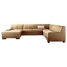 Wohnlandschaft DOMO collection "Norma U-Form" Sofas Gr. B/H/T: 329 cm x 74 cm x 85 cm, NaturLEDER, Recamiere links, mit Bettfunktion, braun (cappuccino) wahlweise mit Bettfunktion