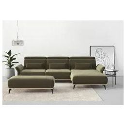 Ecksofa Places of Style "Fjord L-Form" Sofas Gr. B/H/T: 324 cm x 93 cm x 184 cm, Flachgewebe, mega-Recamiere rechts, ohne Armlehnfunktion-ohne Kopfteilverstellung-ohne Sitztiefenverstellung-ohne Rückenneigung-mit Federkern, grün (olive) massiv, wahlweise mit Armlehnfunktion, Kopf- Sitztiefenverstellung