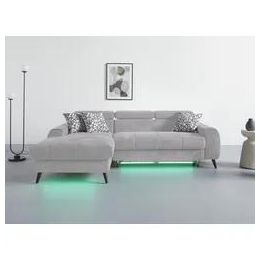 Ecksofa COTTA "Mia L-Form" Sofas Gr. B/H/T: 236cm x 74cm x 164cm, Chenille, Recamiere links, Ohne Bettfunktion-ohne Bettkasten-mit RGB-LED-Beleuchtung-mit Wireless Charger, grau 3-tlg.-Kissen-Set, Recamiere, wahlweise mit oder ohne RGB-Beleuchtung