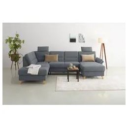 Wohnlandschaft Home Affaire "Westerland U-Form" Sofas Gr. B/H/T: 303cm x 90cm x 213cm, Struktur, Ottomane links, mit Bettfunktion, Stauraum und Armlehnfunktion, grau (anthrazit) Federkern, wahlweise Bettfunktion, Stauraum und Armlehn-Verstellung