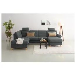 Wohnlandschaft Home Affaire "Westerland U-Form" Sofas Gr. B/H/T: 303cm x 90cm x 213cm, Struktur, Ottomane links, ohne Bettfunktion, ohne Stauraum ohne Armlehnfunktion, blau (blau/grau) Federkern, wahlweise Bettfunktion, Stauraum und Armlehn-Verstellung